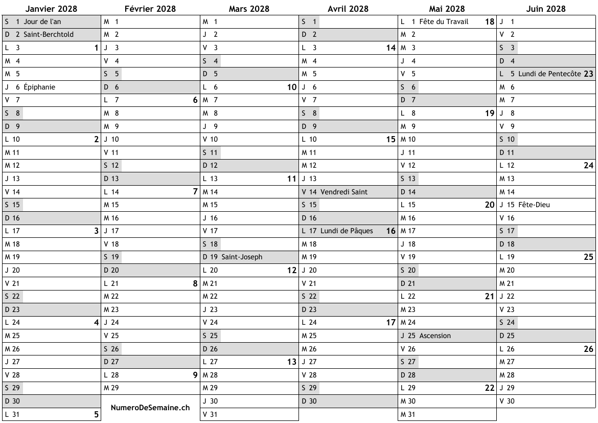 Calendrier 2028 avec jours fériés en Suisse et numéro des semaines ...
